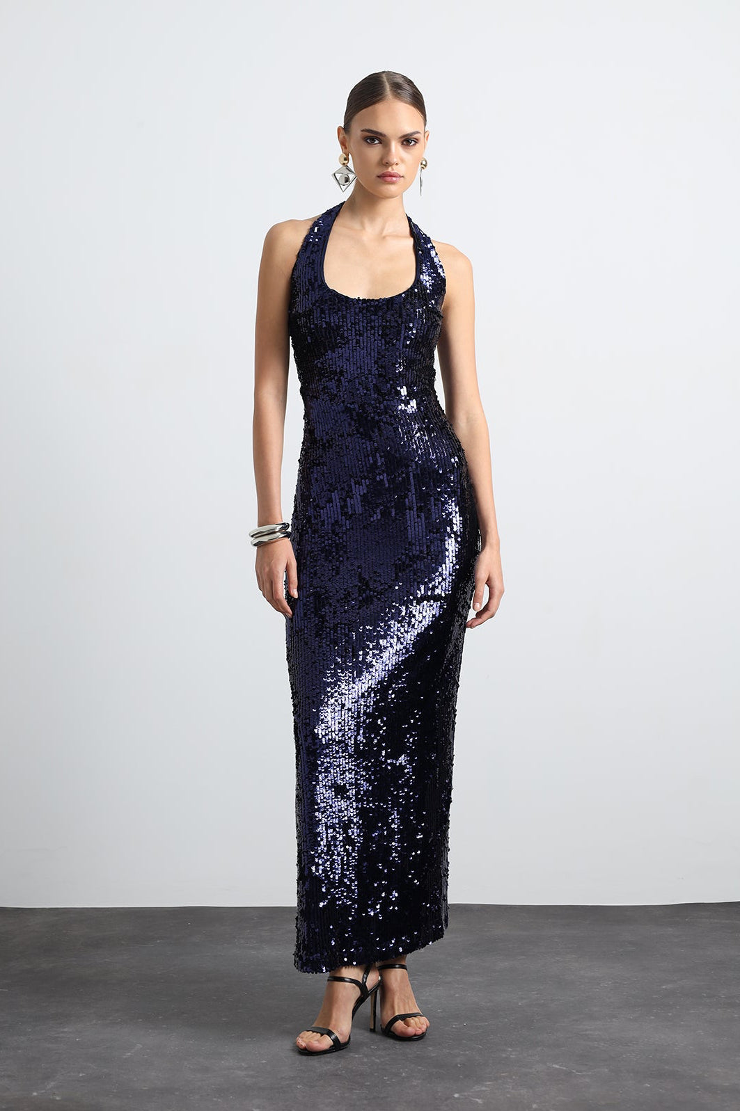 Valline Lacivert Payetli Maxi Elbise – Mozto